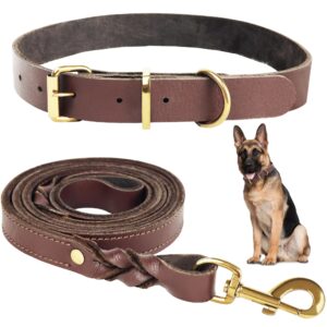 heavy duty genuine leather dog collar and leash set - 5ft soft and durable leash and collar set with metal buckle - adjustable dog collar set, compatible for small to medium dogs