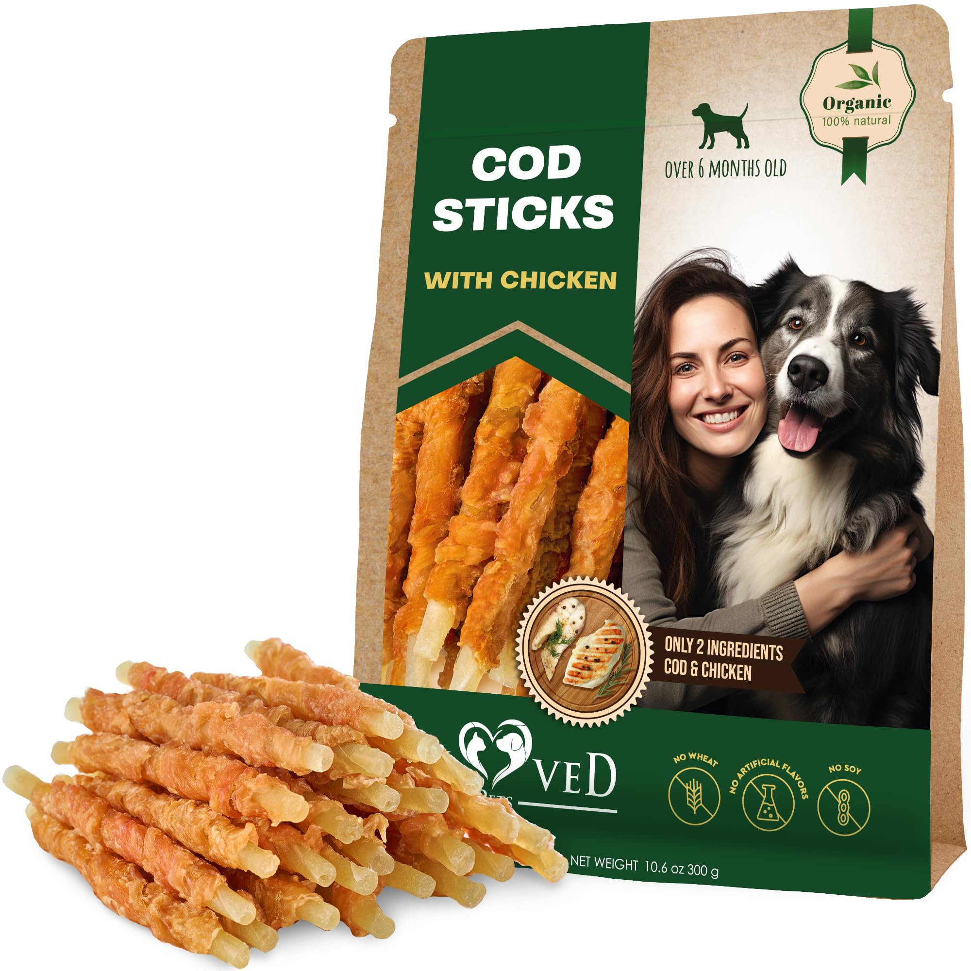 Beloved Pets Cod Sticks Dog Treats Chicken Wrapped - All Natural Rawhide - Free & Grain Free Long Lasting Chews for Large & Small Dogs - Dried Pet Snacks - Support Healthy Teeth & Skin Coat