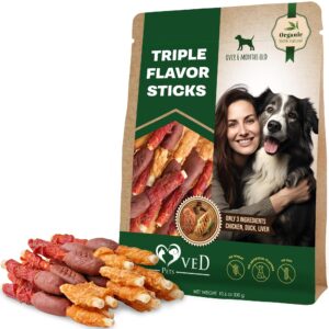 triple flavor dog rawhide treats - duck & chicken human grade meat - natural pet dried snacks - grain free long lasting chews for large & small dogs - best sticks for healthy teeth