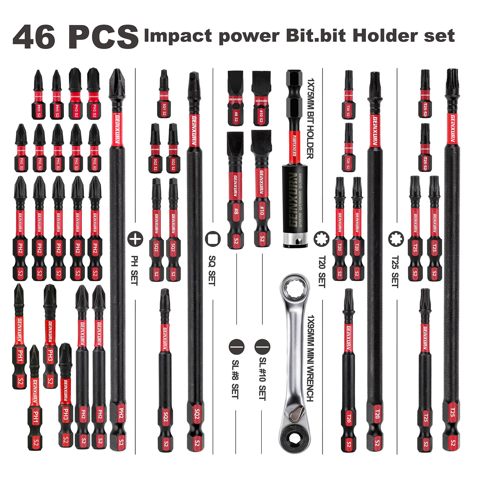 GEINXURN Impact Tough Magnetic Mixed 46Pack Insert Driver Bits, S2 Alloy Steel Screwdriver Power Bits Set with 1Pcs Impact Magnetic Bit Holder and Mini Wrench