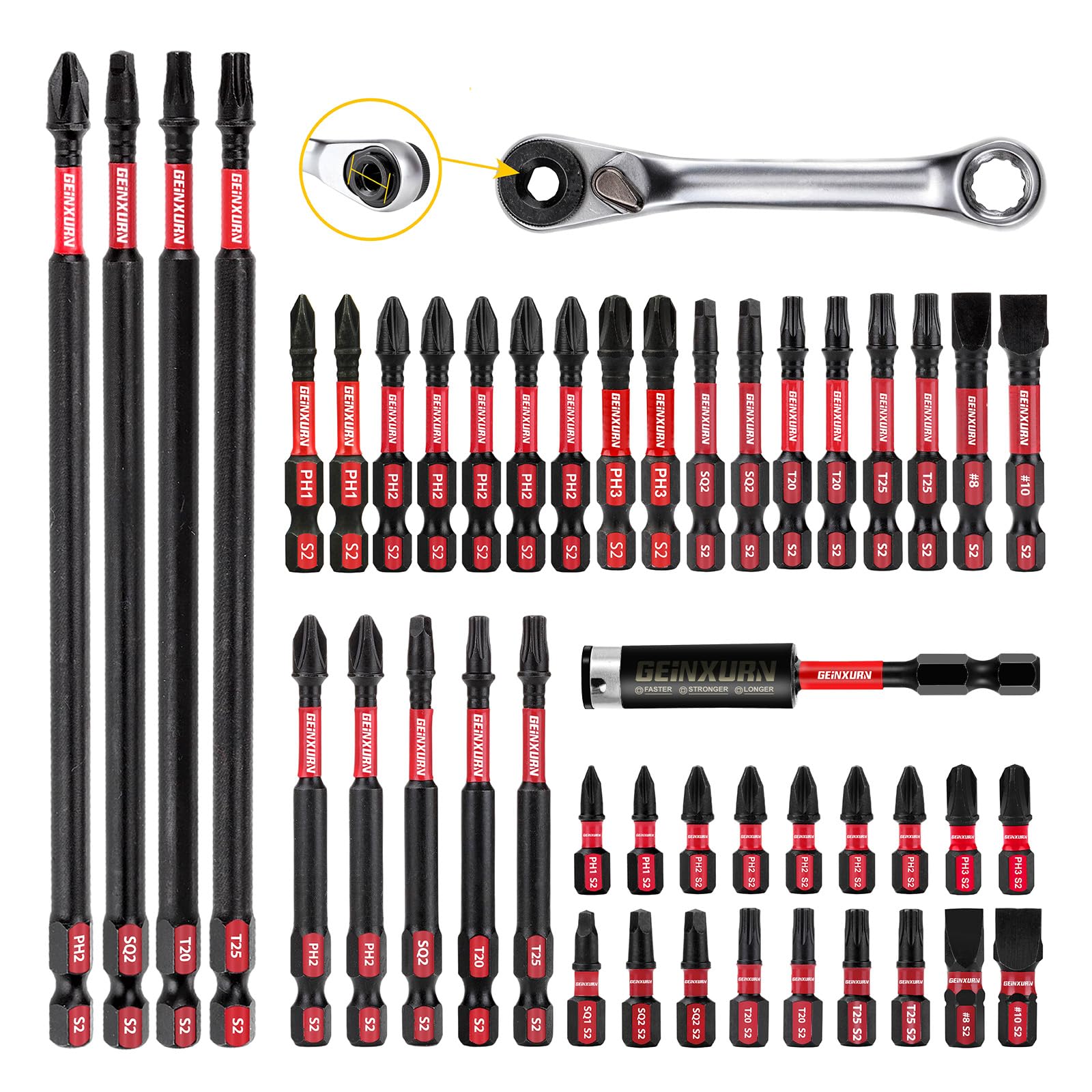 GEINXURN Impact Tough Magnetic Mixed 46Pack Insert Driver Bits, S2 Alloy Steel Screwdriver Power Bits Set with 1Pcs Impact Magnetic Bit Holder and Mini Wrench