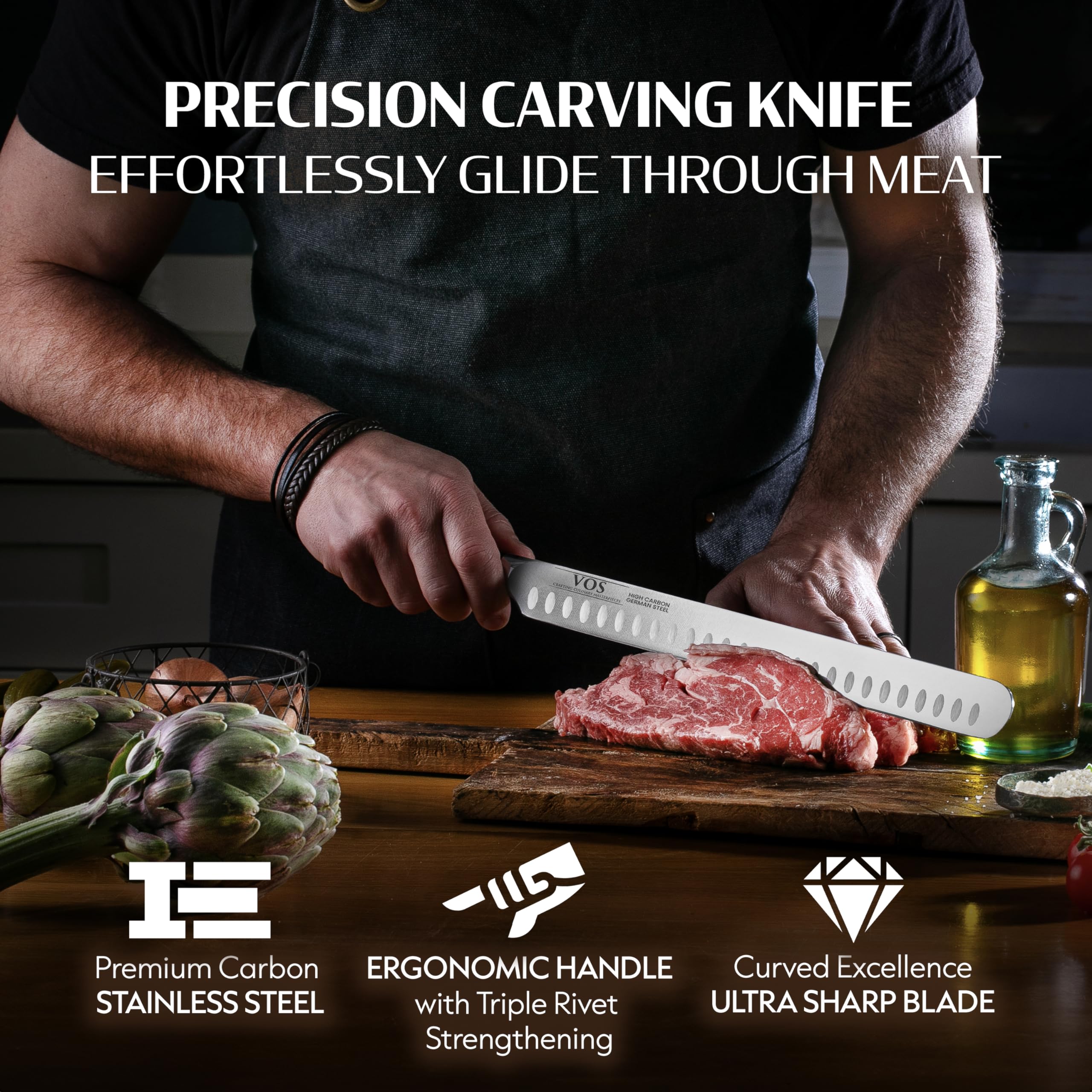 Vos 12'' Carving & Brisket Knife - Razor Sharp German Steel Butcher & Slicing Knife with Ergonomic Handle - Perfect for Meat, Bread, Cheese - Gift Box Included - BBQ & Kitchen Essential