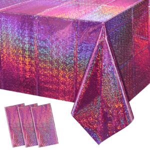 funnypars 3 pack pink iridescent table cloth for parties, pink plastic shiny laser table covers, disposable holographic foil tablecloth iridescent party decorations for girl birthday wedding, 54x108