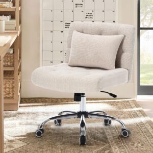 armless fabric office desk chair with wheels, cross legged wide seat chair, modern home office chair with lumbar pillow, comfortable computer task chair for small space, vanity chair for women, girls