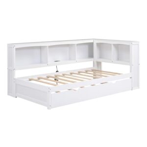 LostCat Twin Size Daybed with Trundle and L-Shaped Bookcase Storage, Wooden Day Bed Frame w/USB Plug and Storage Cabinets, Twin Sofa Bed Frame for Bedroom Guest Room, White