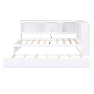 LostCat Twin Size Daybed with Trundle and L-Shaped Bookcase Storage, Wooden Day Bed Frame w/USB Plug and Storage Cabinets, Twin Sofa Bed Frame for Bedroom Guest Room, White