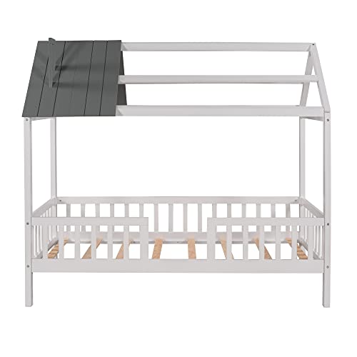 LostCat Twin Kids House Bed, Twin Size Bed House Wood Montessori House Bed Frame with Fence and Rails, House Bed Kids Montessori Beds Playhouse Tent Bed, Wood Platform Bed Frame, Grey