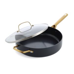 greenpan deco hard anodized healthy ceramic nonstick 12” saute pan with lid, gold-tone stainless steel handle, durable, scratch resistant, dishwasher & oven safe, pfas-free, black