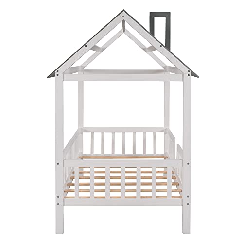 LostCat Twin Kids House Bed, Twin Size Bed House Wood Montessori House Bed Frame with Fence and Rails, House Bed Kids Montessori Beds Playhouse Tent Bed, Wood Platform Bed Frame, Grey