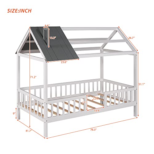 LostCat Twin Kids House Bed, Twin Size Bed House Wood Montessori House Bed Frame with Fence and Rails, House Bed Kids Montessori Beds Playhouse Tent Bed, Wood Platform Bed Frame, Grey