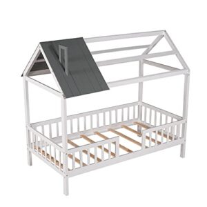 LostCat Twin Kids House Bed, Twin Size Bed House Wood Montessori House Bed Frame with Fence and Rails, House Bed Kids Montessori Beds Playhouse Tent Bed, Wood Platform Bed Frame, Grey