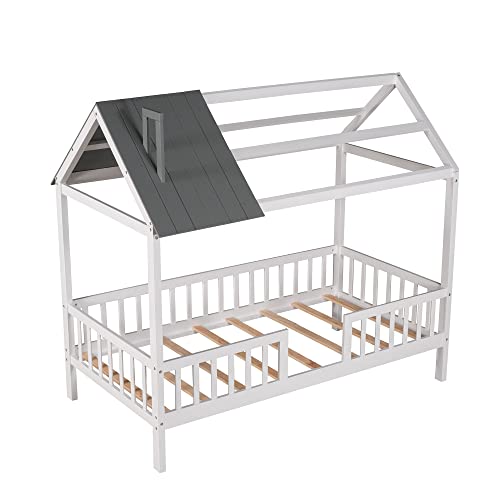 LostCat Twin Kids House Bed, Twin Size Bed House Wood Montessori House Bed Frame with Fence and Rails, House Bed Kids Montessori Beds Playhouse Tent Bed, Wood Platform Bed Frame, Grey