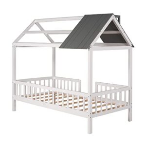 LostCat Twin Kids House Bed, Twin Size Bed House Wood Montessori House Bed Frame with Fence and Rails, House Bed Kids Montessori Beds Playhouse Tent Bed, Wood Platform Bed Frame, Grey