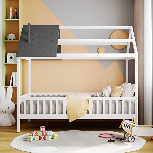 LostCat Twin Kids House Bed, Twin Size Bed House Wood Montessori House Bed Frame with Fence and Rails, House Bed Kids Montessori Beds Playhouse Tent Bed, Wood Platform Bed Frame, Grey