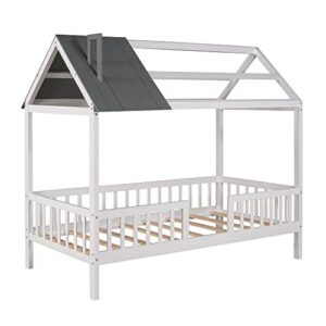 LostCat Twin Kids House Bed, Twin Size Bed House Wood Montessori House Bed Frame with Fence and Rails, House Bed Kids Montessori Beds Playhouse Tent Bed, Wood Platform Bed Frame, Grey