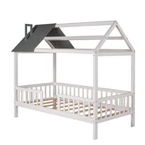 LostCat Twin Kids House Bed, Twin Size Bed House Wood Montessori House Bed Frame with Fence and Rails, House Bed Kids Montessori Beds Playhouse Tent Bed, Wood Platform Bed Frame, Grey