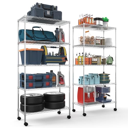 5 Tier NSF Wire Shelf Shelving Unit, 14 x 30 x 60 Inch 750lbs Capacity Adjustable Storage Metal Rack with Wheels/Leveling Feet & Shelf Liners, Ideal for Kitchen, Office Home and More - Chrome Set of 2