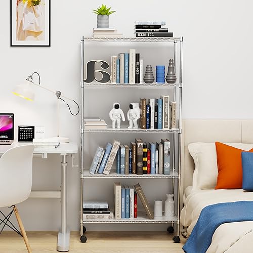 5 Tier NSF Wire Shelf Shelving Unit, 14 x 30 x 60 Inch 750lbs Capacity Adjustable Storage Metal Rack with Wheels/Leveling Feet & Shelf Liners, Ideal for Kitchen, Office Home and More - Chrome Set of 2