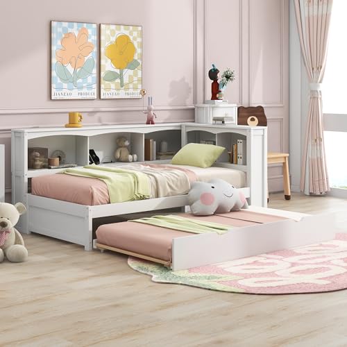 LostCat Twin Size Daybed with Trundle and L-Shaped Bookcase Storage, Wooden Day Bed Frame w/USB Plug and Storage Cabinets, Twin Sofa Bed Frame for Bedroom Guest Room, White