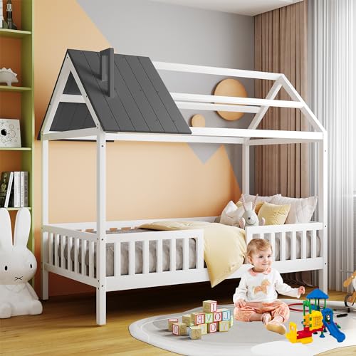 LostCat Twin Kids House Bed, Twin Size Bed House Wood Montessori House Bed Frame with Fence and Rails, House Bed Kids Montessori Beds Playhouse Tent Bed, Wood Platform Bed Frame, Grey