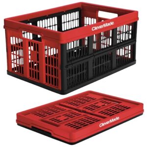 clevermade collapsible utility crate, red, 1pk - 45l (11 gal) collapsible storage bins, holds 66lbs per bin - plastic stackable grated wall utility containers, clevercrates baskets