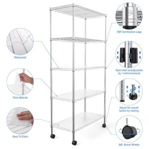 5 Tier NSF Wire Shelf Shelving Unit, 14 x 30 x 60 Inch 750lbs Capacity Adjustable Storage Metal Rack with Wheels/Leveling Feet & Shelf Liners, Ideal for Kitchen, Office Home and More - Chrome Set of 2