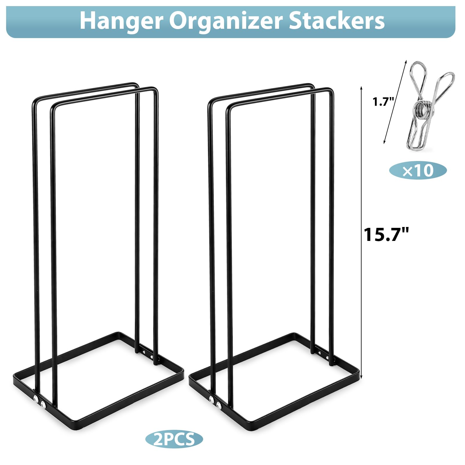 HAKDAY 2PCS Hanger Organizer Stacker with 10pcs Stainless Steel Clamps, Hanger Stacker Hold up 110 Wire Hangers for Hanger Storage Organizer, Hanger Rack Stand for Adult Child Velvet Pants Hangers