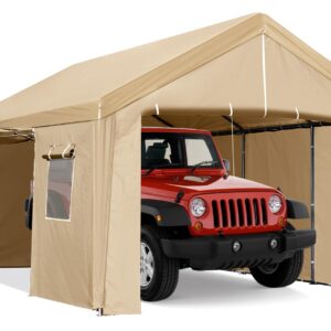 ACONEE Carport 10×20 FT Heavy Duty Car Canopy with Ventilated Windows, Removable Sidewalls & Zipper Doors, Portable Garage Boat Party Tent, Reinforced Triangular Beam, All-Season Tarp for SUV, Truck