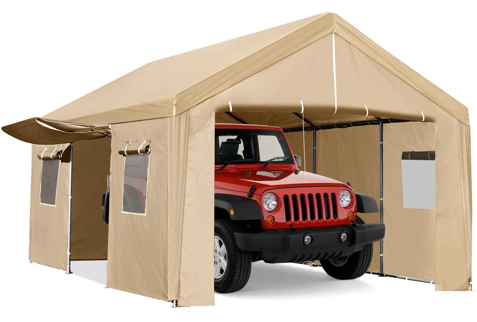 ACONEE Carport 10×20 FT Heavy Duty Car Canopy with Ventilated Windows, Removable Sidewalls & Zipper Doors, Portable Garage Boat Party Tent, Reinforced Triangular Beam, All-Season Tarp for SUV, Truck