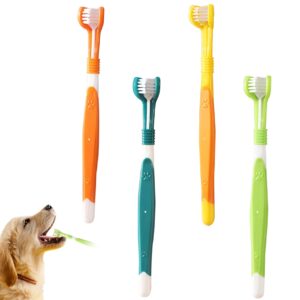 dog toothbrush, 3 sided toothbrush, 4pcs triple head dog toothbrushes for dogs dental care with soft bristles,cleaning brushes with long handle for dog cat oral dental health