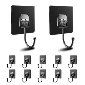 kardol 12pcs adhesive hooks for hanging heavy duty, wall hooks sticky hooks waterproof and oilproof for bathroom shower kitchen door all-black hooks nail free sticky hangers robe towel hooks