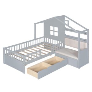 Bellemave Twin Size House Bed with Sofa, Kids Twin Platform Bed with Two Drawers and Storage Shelf, for Girls Boys - Gray