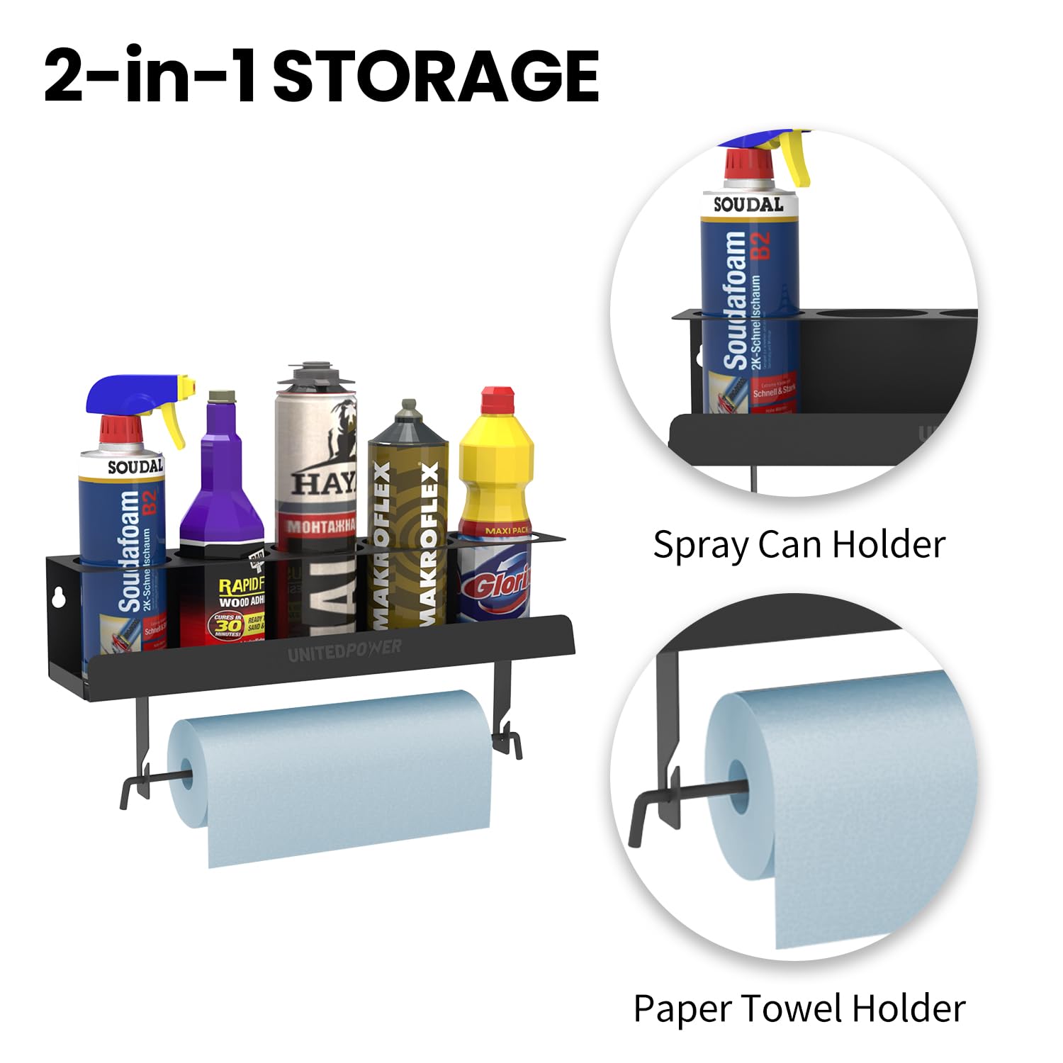 UNITEDPOWER 5 Aerosol Spray Can/Paper Towel Holder, Paint Bottle Storage Rack, Steel Wall Mount Shelf, Tool Organizer for Garage, Craft Workspace and Home