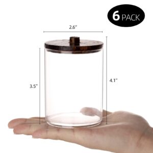 6 Pack Qtip Holder with Wood Lids - Clear Restroom Bathroom Accessories Set - 10 oz Plastic Apothecary Jar Containers for Organizer Storage (Black)