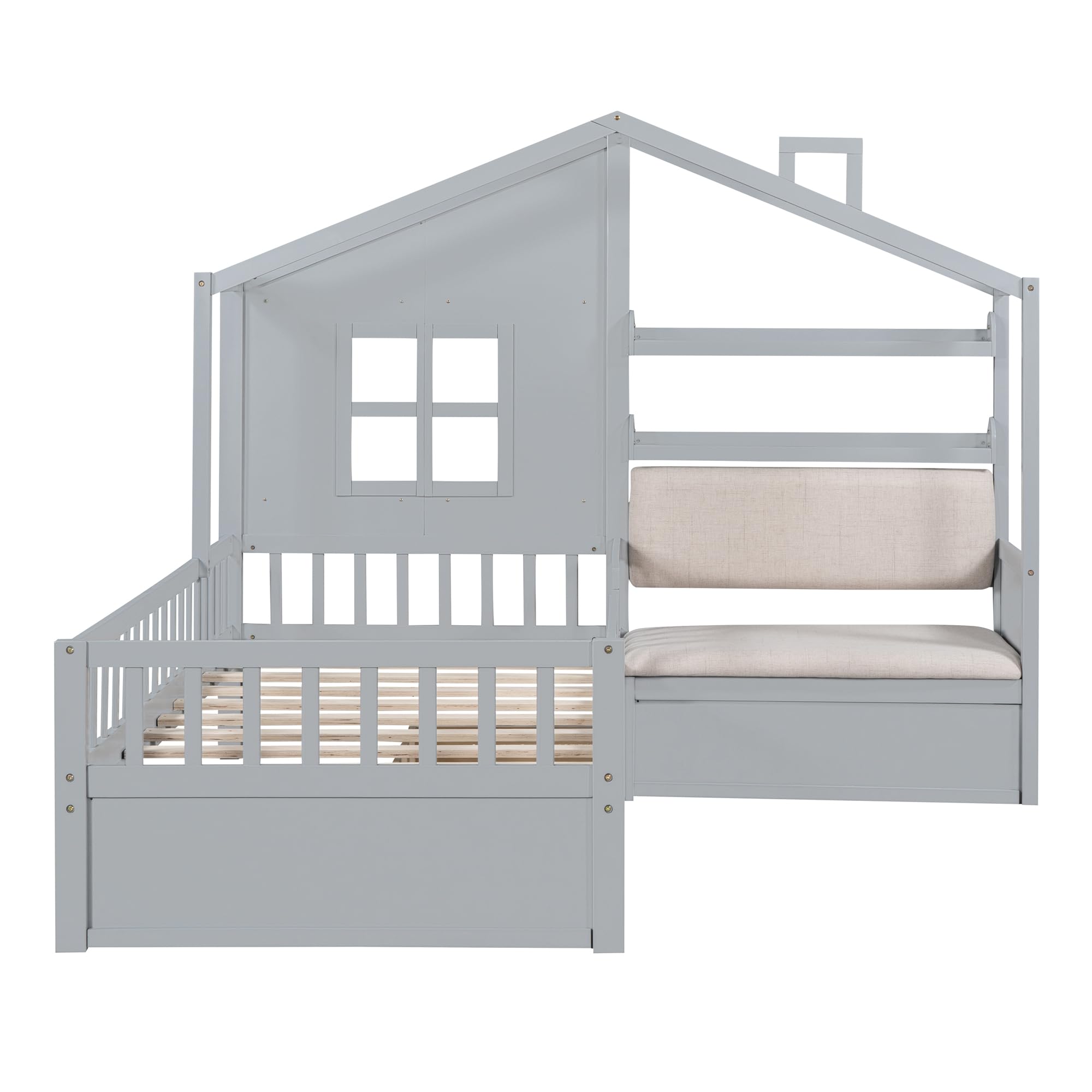 Bellemave Twin Size House Bed with Sofa, Kids Twin Platform Bed with Two Drawers and Storage Shelf, for Girls Boys - Gray