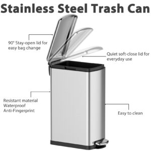 WELYFE 8 Gallon & 1.6 Gallon Trash Can Combo Set, Stainless Steel Step Tread Trash Can, Soft Close Lid, for Office, Kitchen - Silver