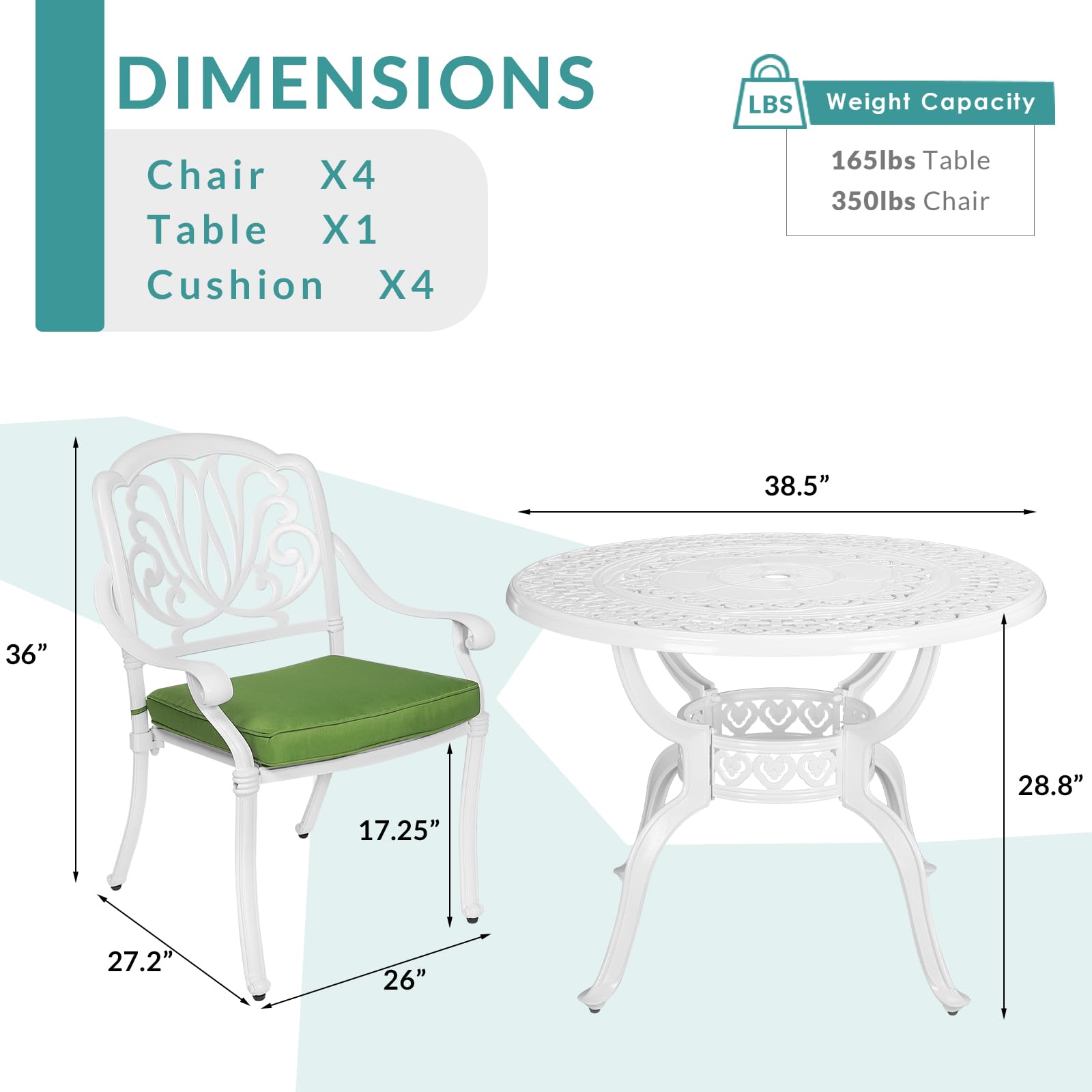 MEETWARM 5 Piece Patio Dining Set, Outdoor All-Weather Cast Aluminum Dining Table Set, Patio Furniture Set for Backyard Garden Deck, Include 4 Chairs, 4 Cushions and 1 Round Table, White