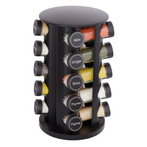 new england stories revolving spice rack set with 20 spice jars, kitchen spice tower organizer for countertop or cabinet - carousel storage includes 386 spice labels (black)