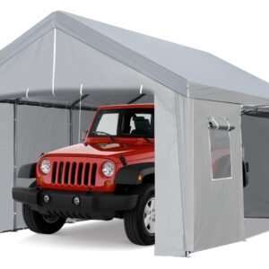 ACONEE Carport 10×20 FT Heavy Duty Car Canopy with Ventilated Windows, Removable Sidewalls & Zipper Doors, Portable Garage Boat Shelter Tent Outdoor, Waterproof All-Season Tarp for SUV, Car, Truck