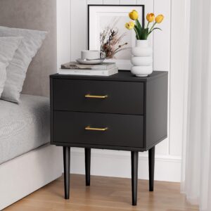 smart fende night stand, black nightstand with 2 drawers, 26" tall modern bedside table, mid century modern end table, wood night stand with solid wood leg for bedroom