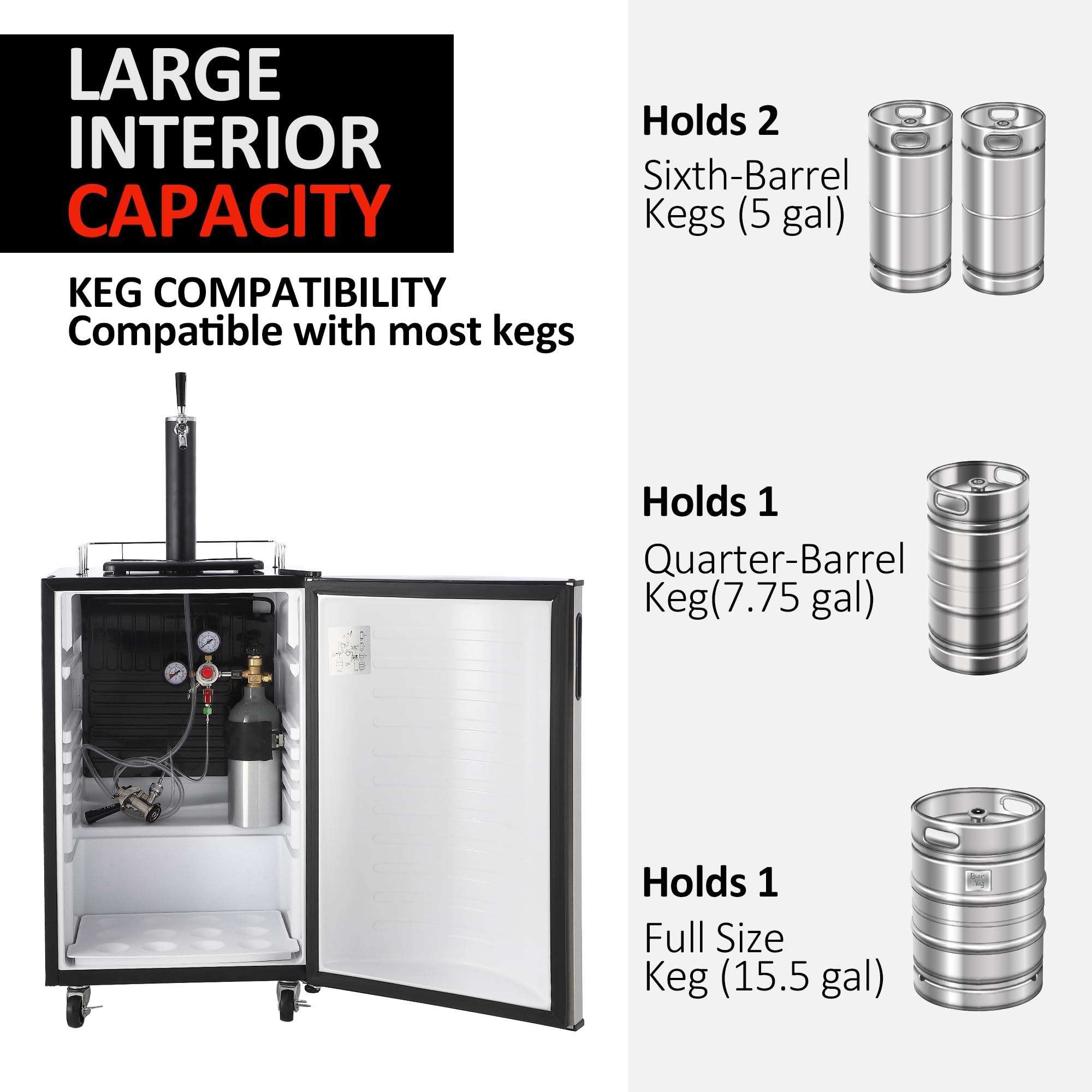 Beer Kegerator, Single Tap Draft Beer Dispenser, Full Size Keg Refrigerator With Shelves, Stainless Steel, Drip Tray & Rail, silver