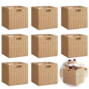 ukontagood 8 pack 11.8 inch wicker storage cubes, hand-woven paper rope wicker storage baskets, foldable cube storage bins organizer square shelf baskets pantry organizing & decor (natural)