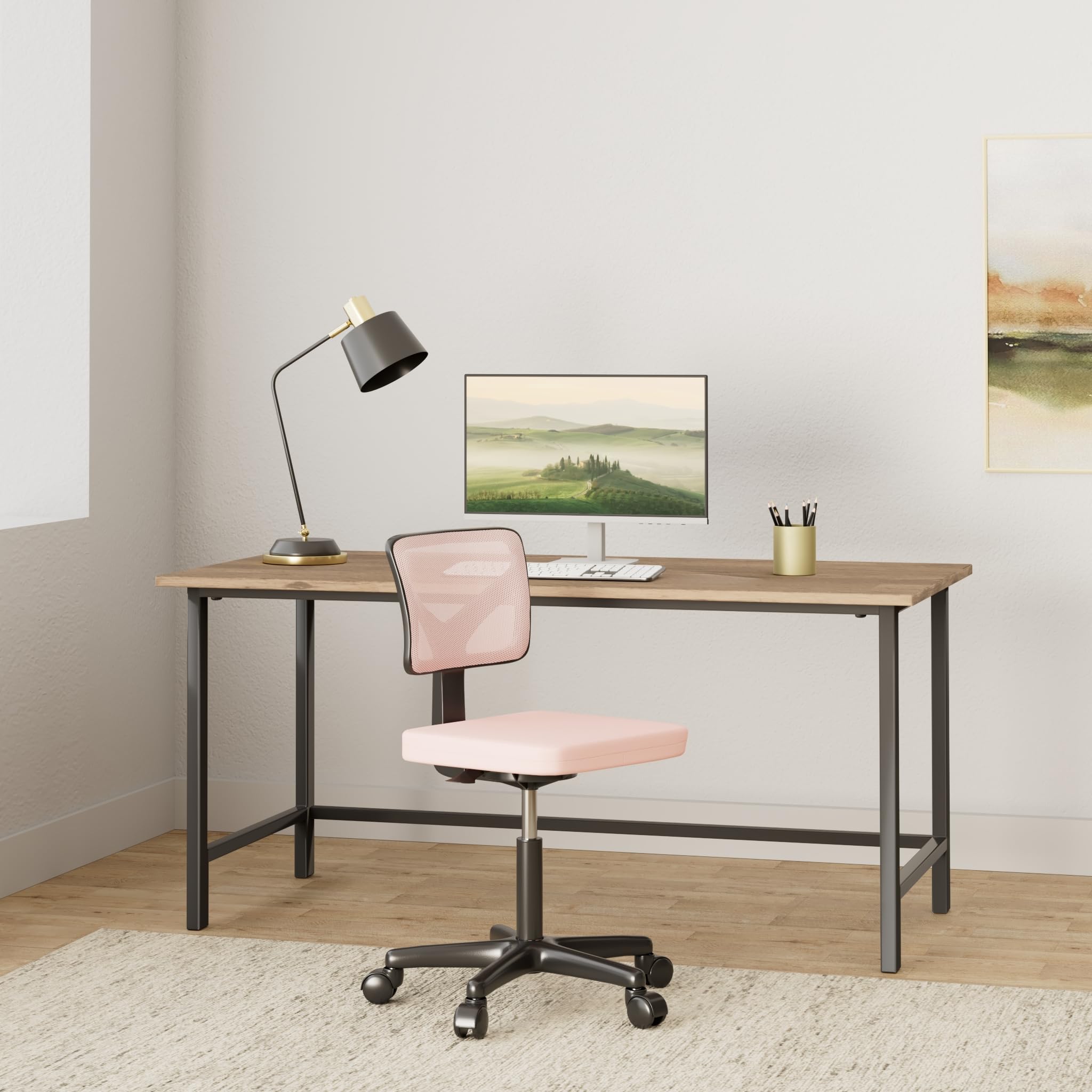 NEWBULIG Small Office Chair Armless with Wheels, Swivel Desk Seat with Back Lumbar Support Height Adjustable for Home Study Vanity, Mesh Surface, Pink