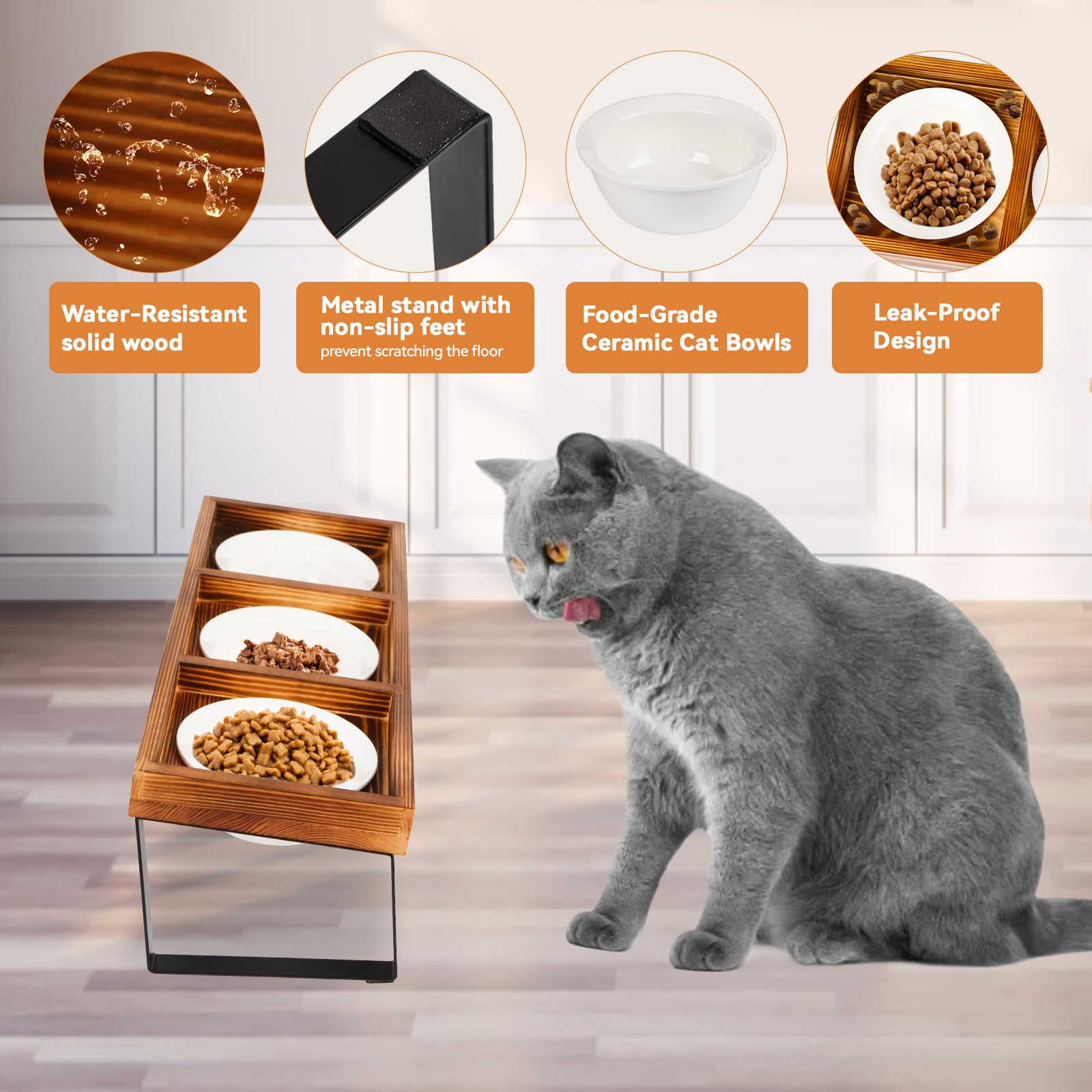 CHTSJQW Elevated Cat Ceramic Bowls, Large DIY 15° Tilted cat Food Bowl Set Raised for Indoor Cats Orthopedic Pet Carbonized Wooden Stand, Anti Vomiting 3 Bowl Cat Feeder Easy to Clean and Fill