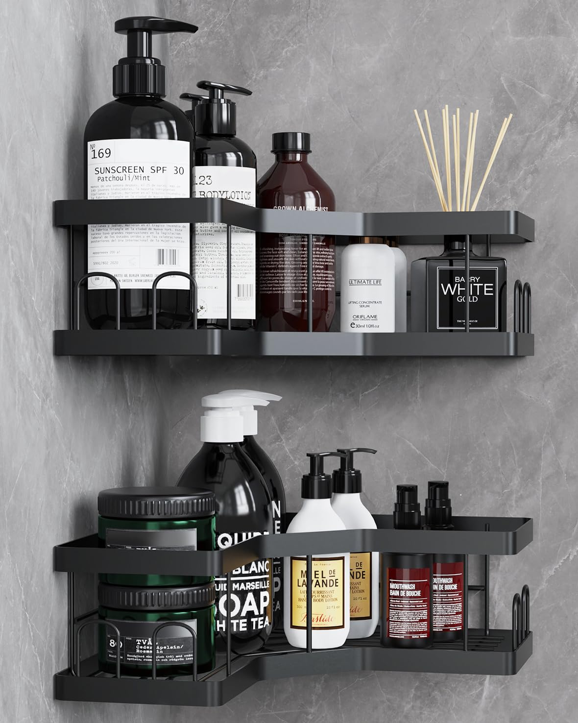 Shower Caddy, 2 Pack Bathroom Shelves, Adhesive Shower Shelf No Drilling, Black Shower Storage, Shower Organiser, Rust-Resistant Shower Caddy Corner, Shower Soap Holder, Bathroom Accessory