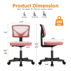 NEWBULIG Small Office Chair Armless with Wheels, Swivel Desk Seat with Back Lumbar Support Height Adjustable for Home Study Vanity, Mesh Surface, Pink