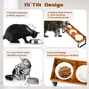 CHTSJQW Elevated Cat Ceramic Bowls, Large DIY 15° Tilted cat Food Bowl Set Raised for Indoor Cats Orthopedic Pet Carbonized Wooden Stand, Anti Vomiting 3 Bowl Cat Feeder Easy to Clean and Fill