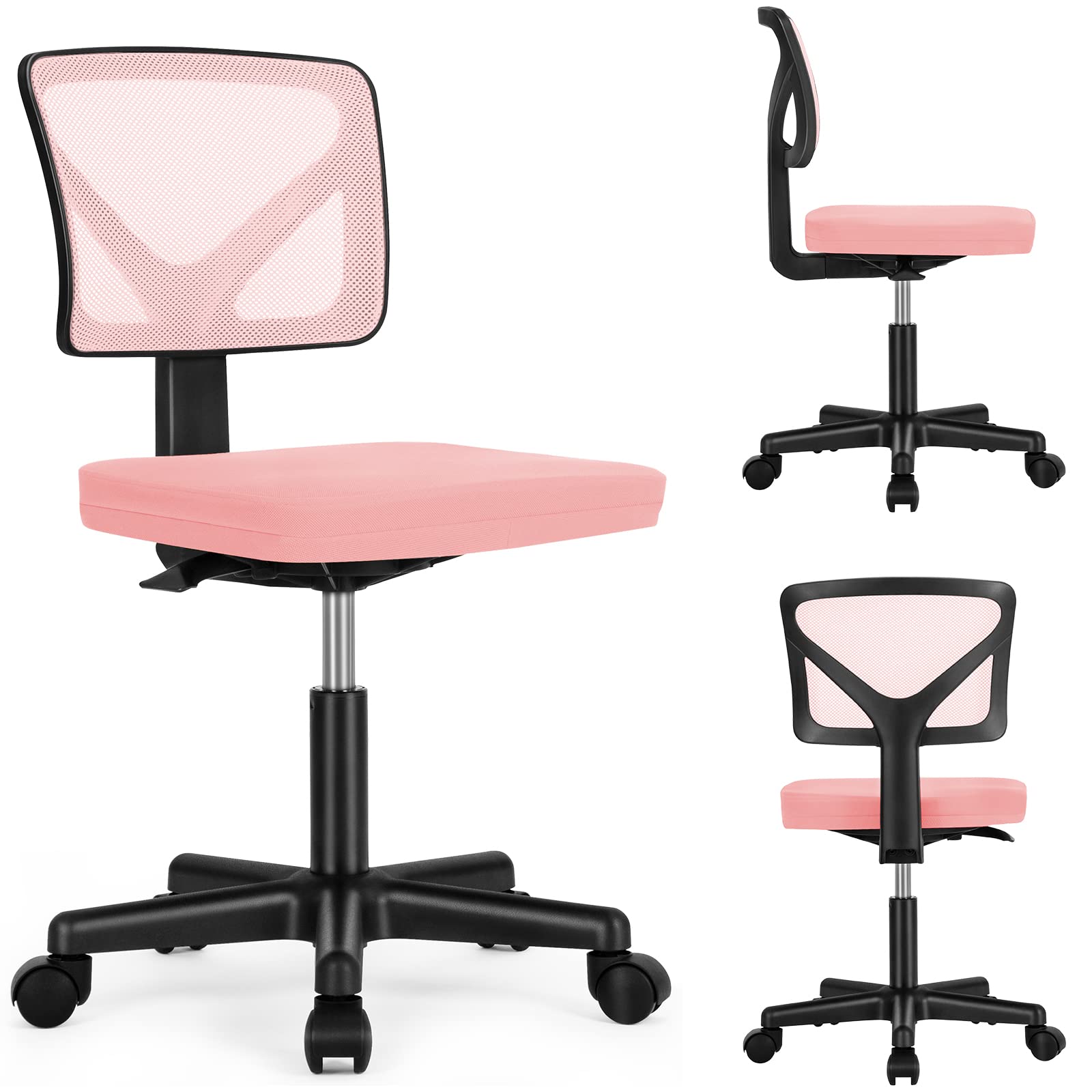 NEWBULIG Small Office Chair Armless with Wheels, Swivel Desk Seat with Back Lumbar Support Height Adjustable for Home Study Vanity, Mesh Surface, Pink