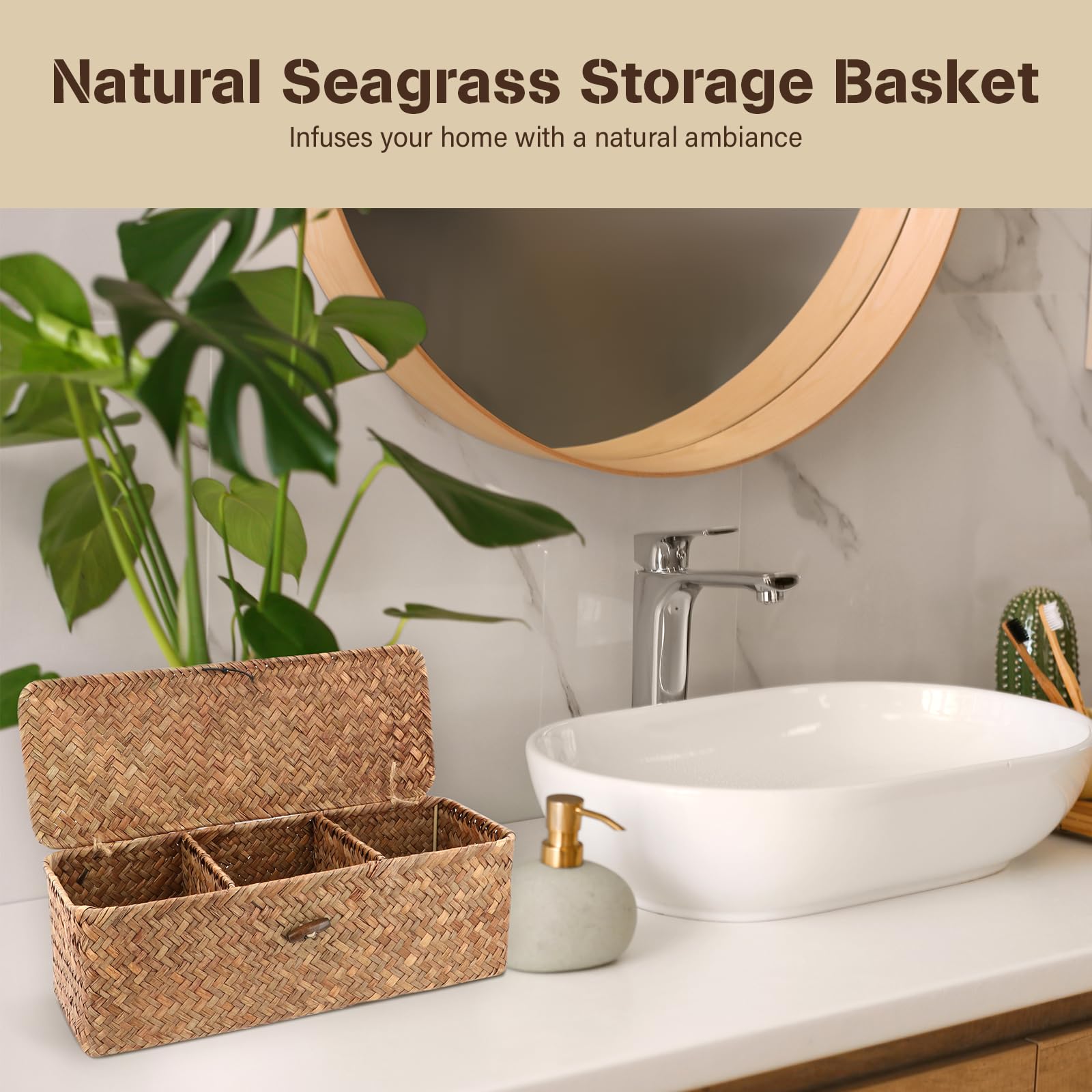 Lnrueg 2 PCS Woven Basket with Lid Seagrass Tank Toilet Roll Storage Narrow Thin Basket with 3 Sections Rectangular for Organizing 12.6L x 4.7W x 4.1H Inch