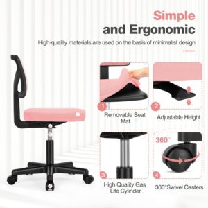 NEWBULIG Small Office Chair Armless with Wheels, Swivel Desk Seat with Back Lumbar Support Height Adjustable for Home Study Vanity, Mesh Surface, Pink